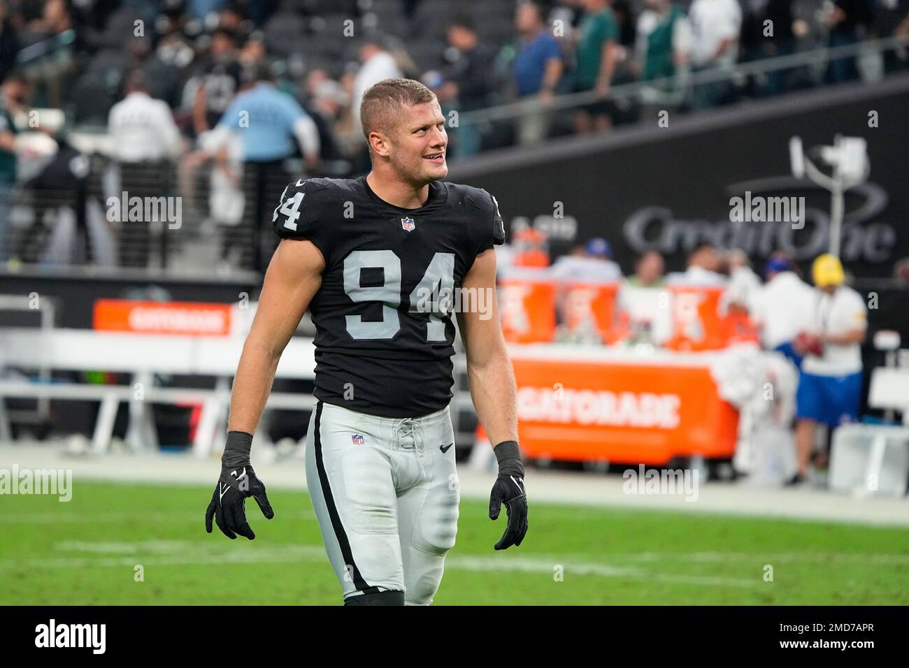 Las Vegas Raiders defensive end Carl Nassib (94) walks off the field after the Las Vegas Raiders ...