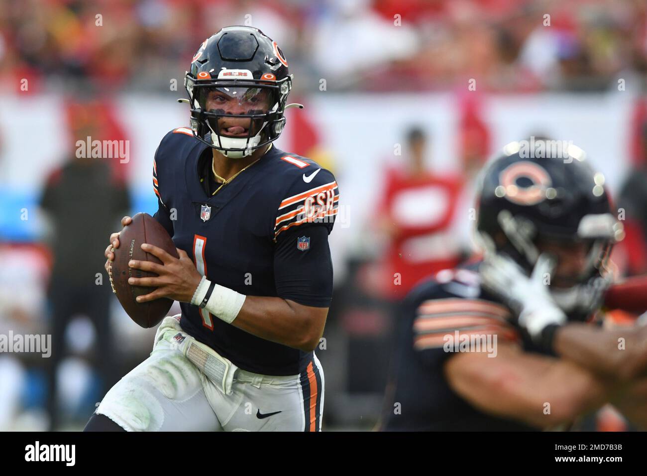 Chicago Bears quarterback Justin Fields (1) rolls out against the Tampa ...