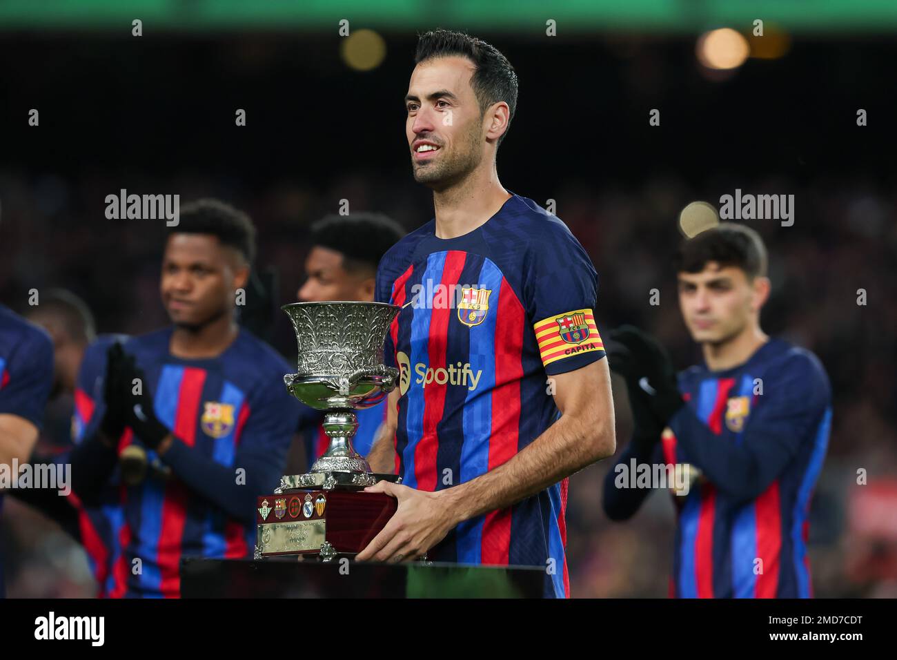 Sergio Busquets of FC Barcelona pose with Super Copa trophy during the ...