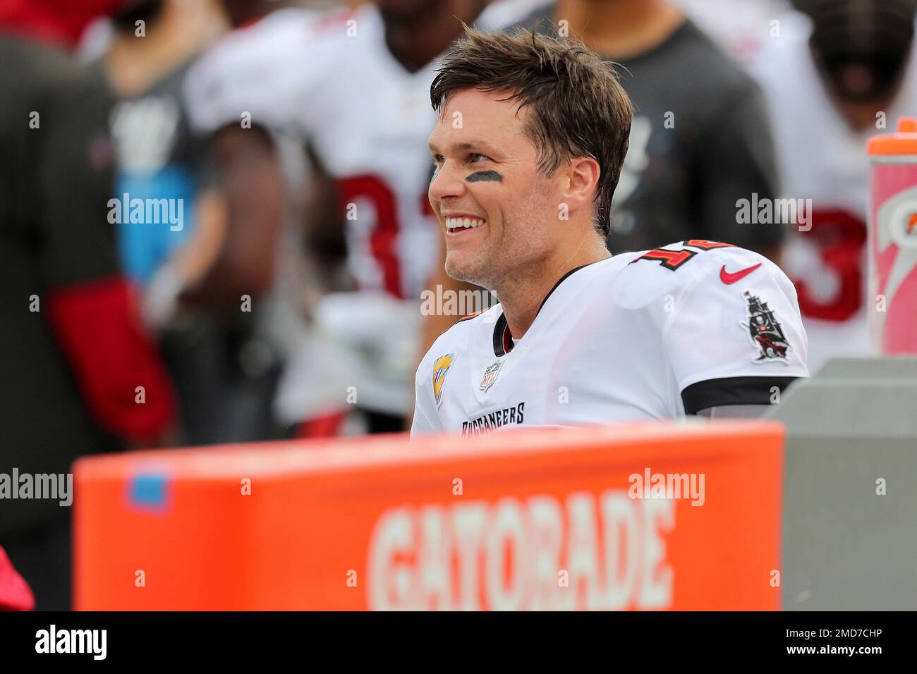 Tampa Bay Buccaneers quarterback Tom Brady (12) celebrates on the bench ...