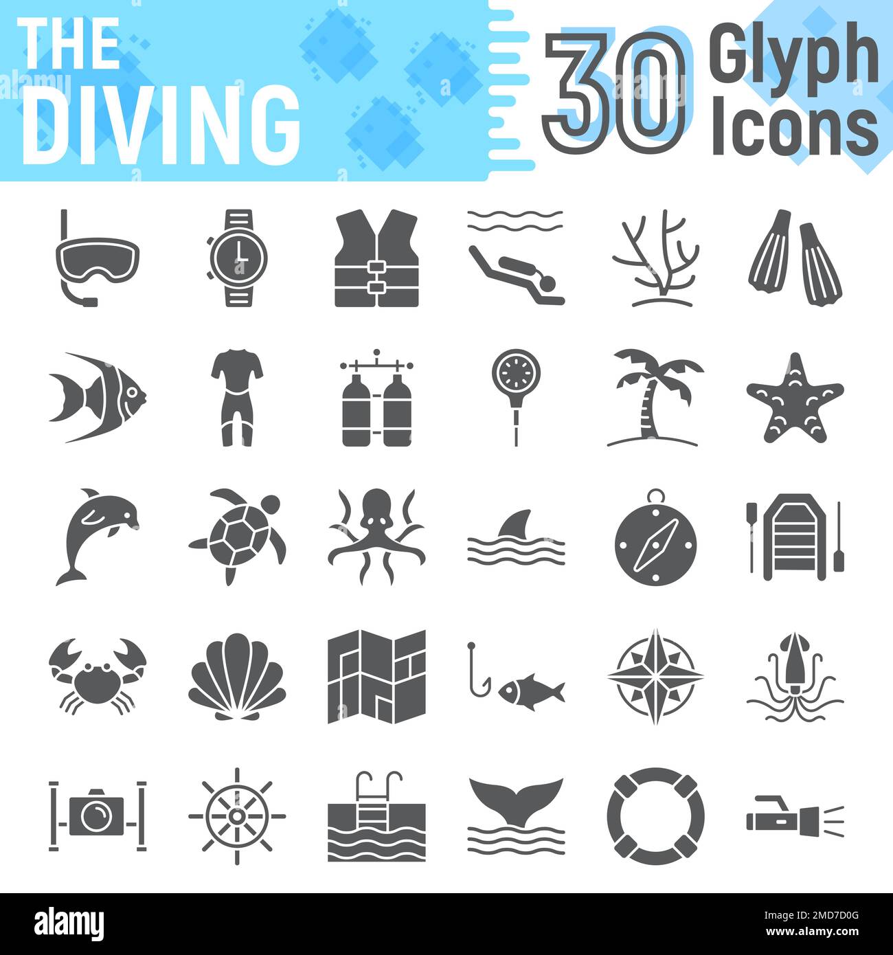 Scuba diving glyph icon set, underwater symbols collection, vector ...