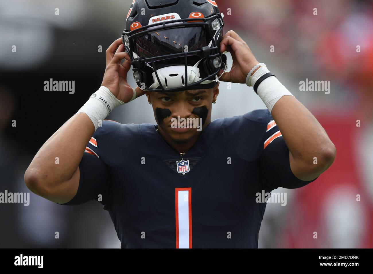 Chicago Bears quarterback Justin Fields (1) during the first half of an ...