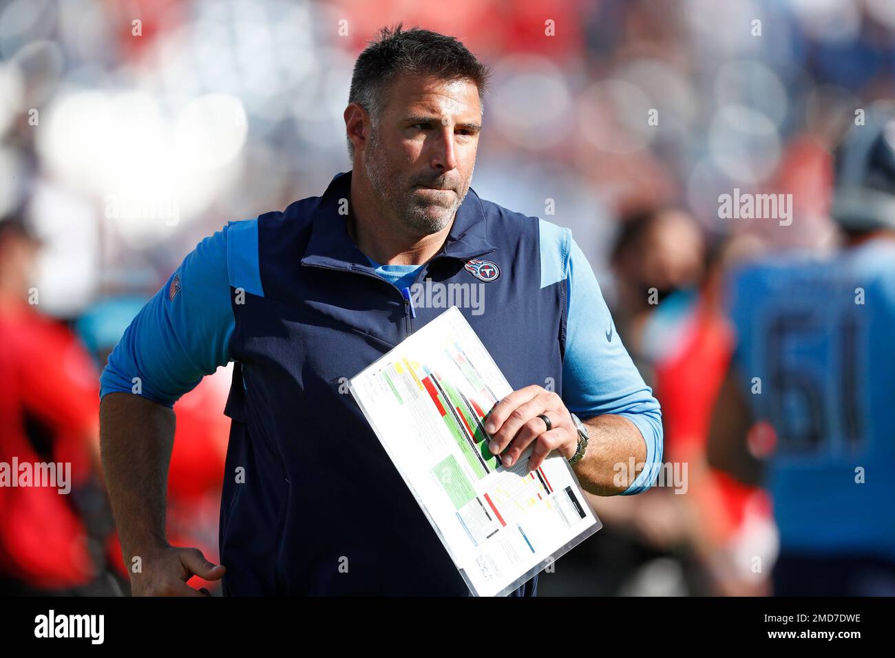 Tennessee Titans head coach Mike Vrabel runs off the field after a 27-3 ...