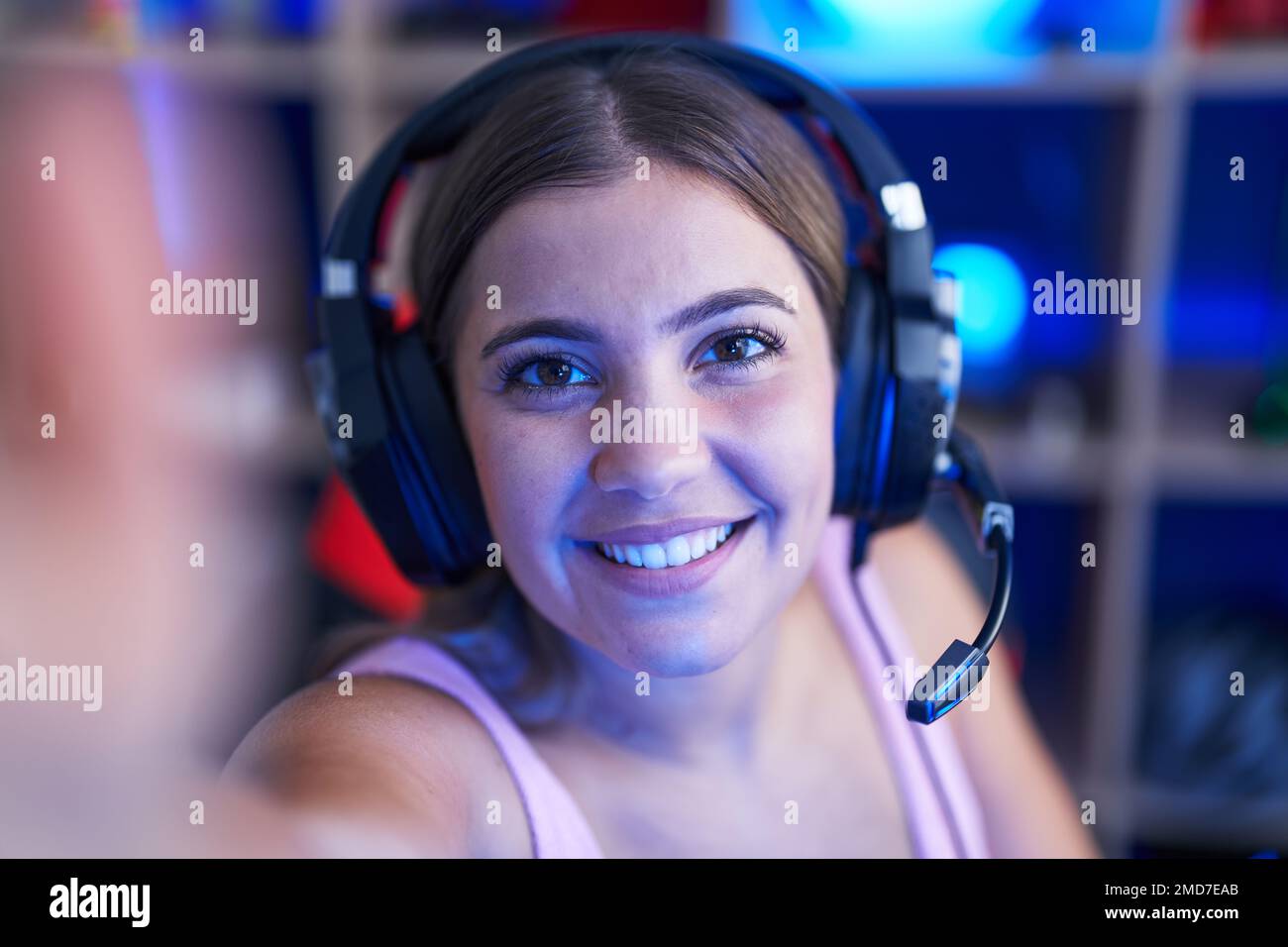 Young beautiful hispanic woman streamer smiling confident make selfie ...