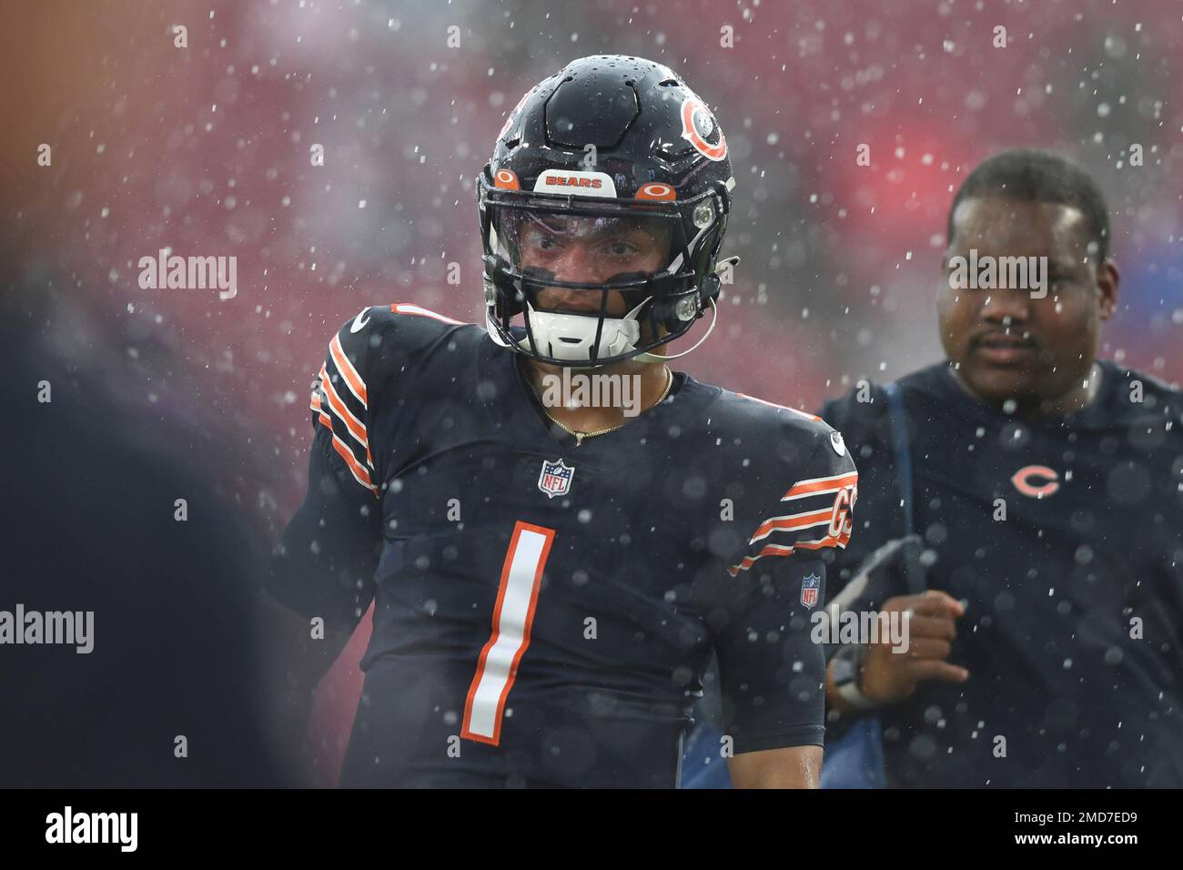 Chicago Bears quarterback Justin Fields (1) before an NFL football game ...
