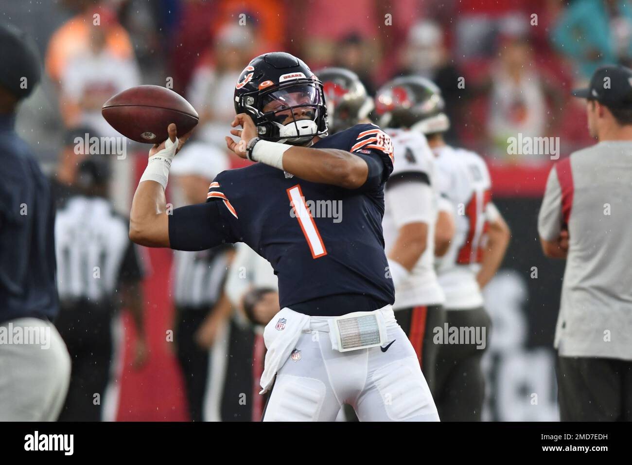 Chicago Bears quarterback Justin Fields (1) throws a pass before an NFL ...