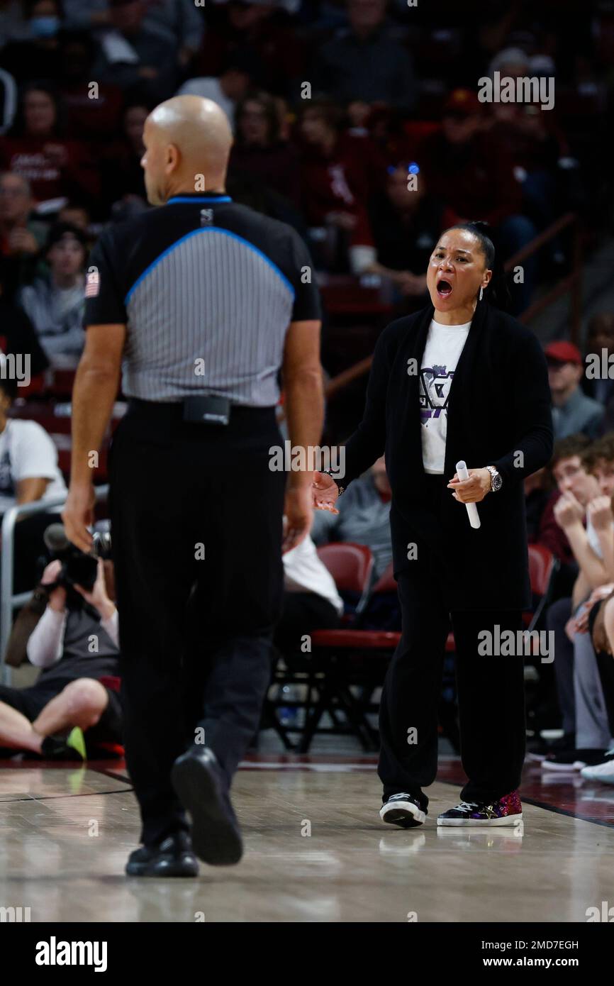 South Carolina head coach Dawn Staley yells at official Timothy Greene ...