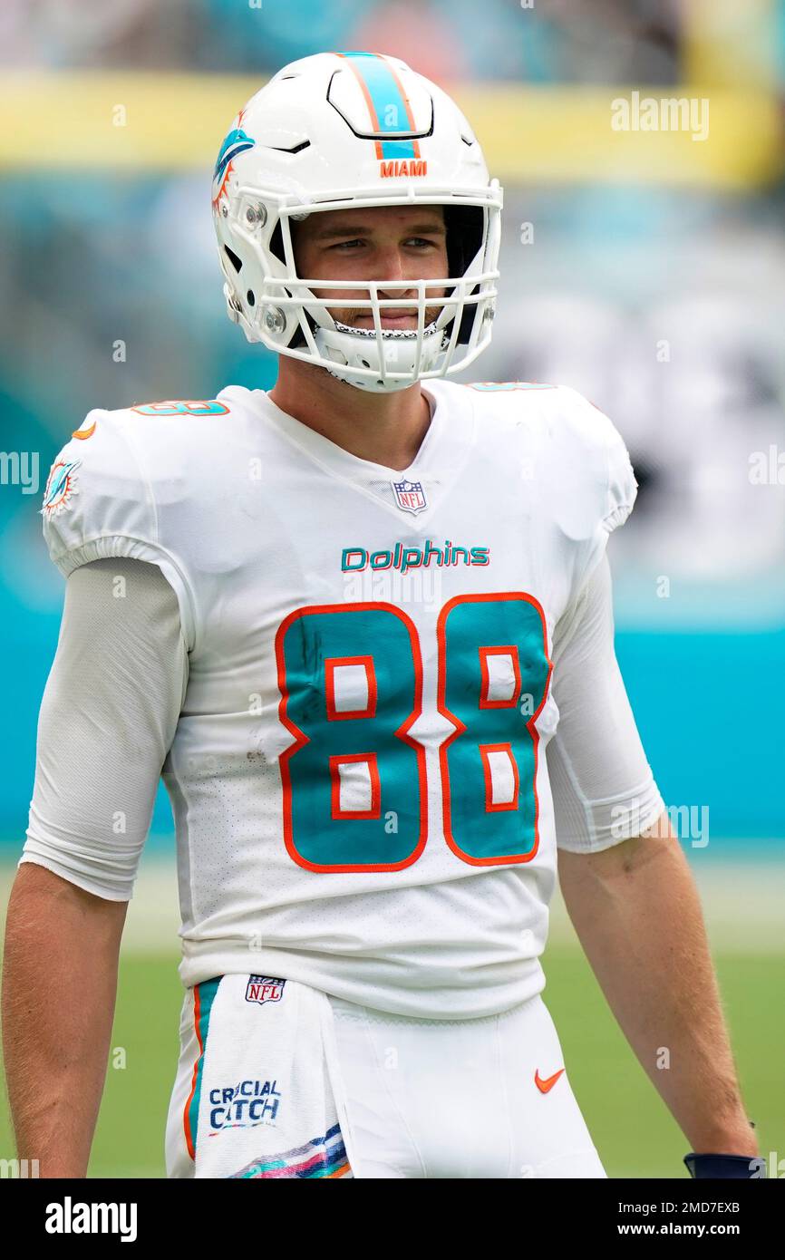 Miami Dolphins tight end Mike Gesicki (88) stands on the sidelines during the second half of an ...