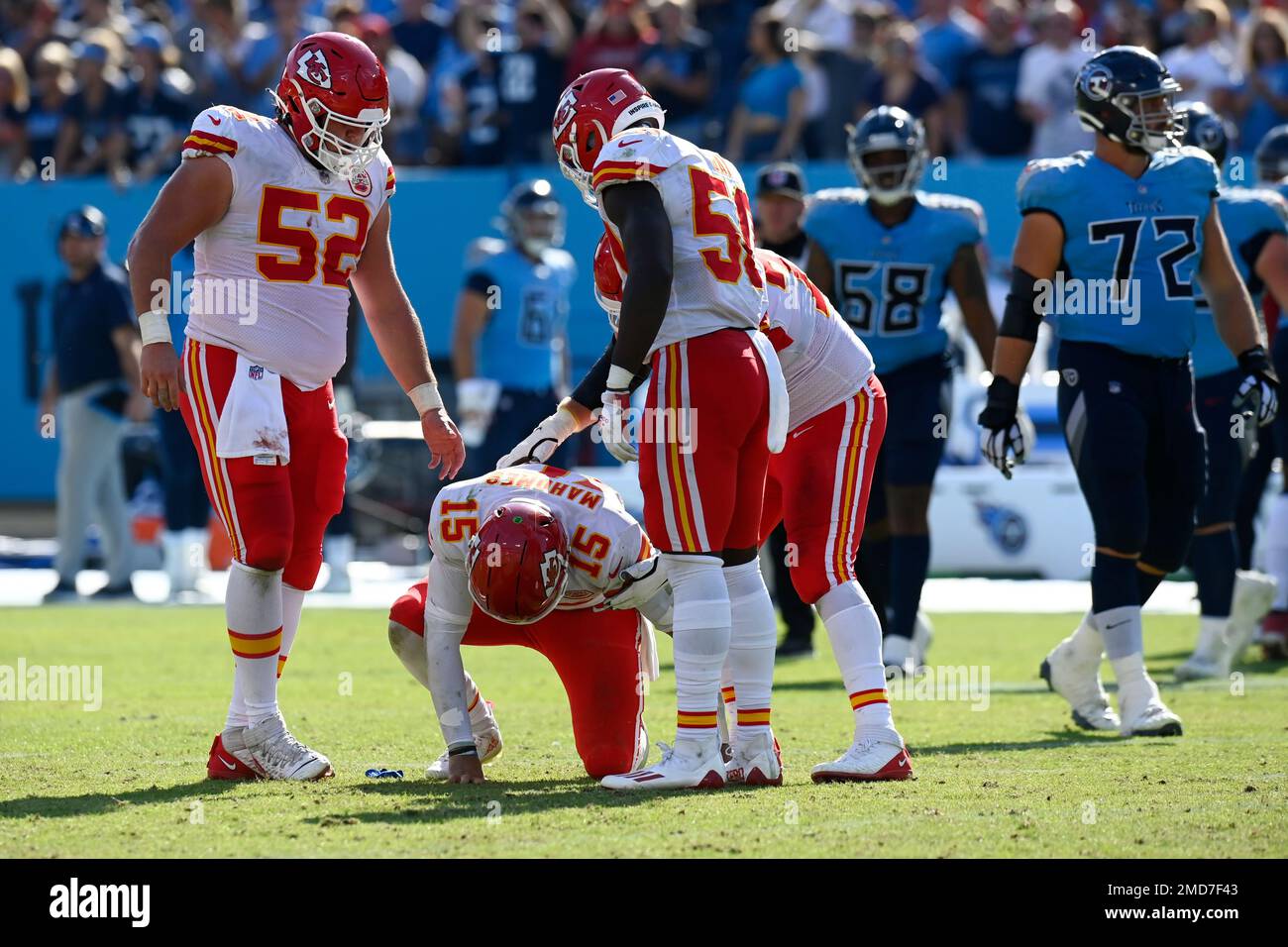 Kansas City Chiefs quarterback Patrick Mahomes (15) slowly gets up ...