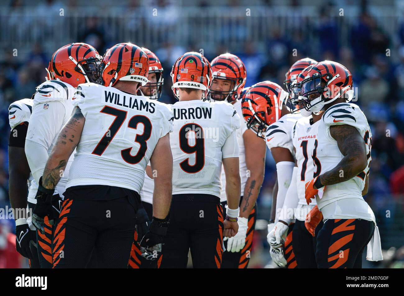 Cincinnati Bengals quarterback Joe Burrow huddles with teammates during ...