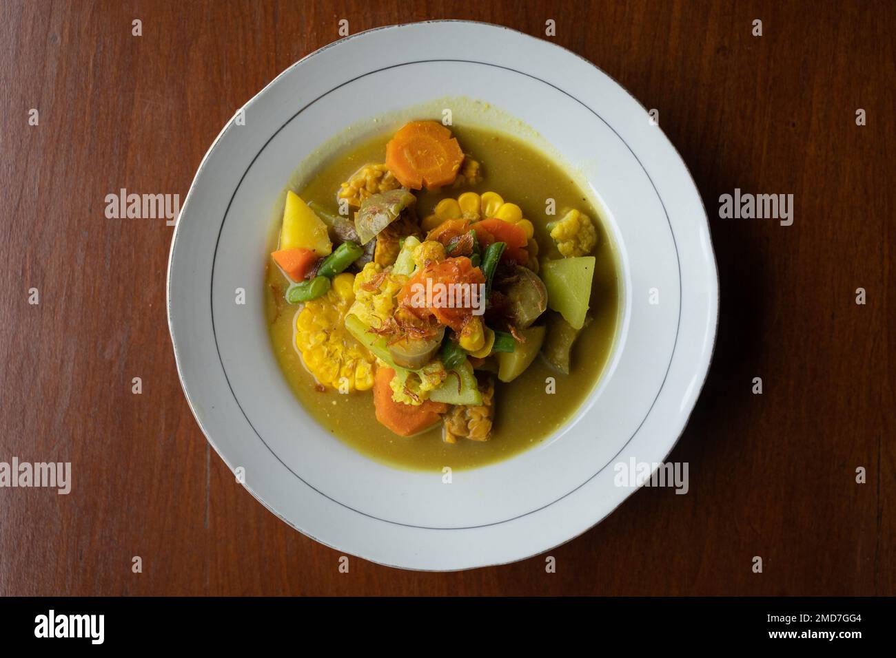 Top down view of a Sayur Kare (Balinese Vegetable Curry) on white plate ...