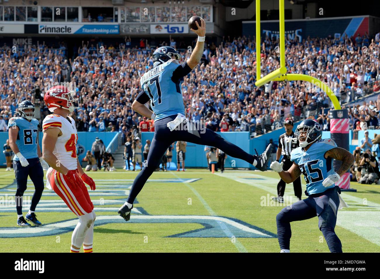 Tennessee Titans quarterback Ryan Tannehill (17) scores a touchdown ...