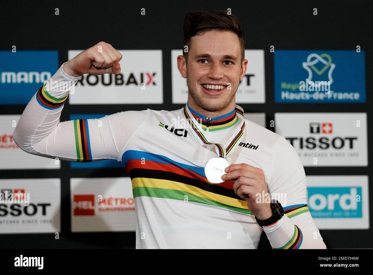 Harrie Lavreysen of Netherlands poses with the gold medal in the Men's ...