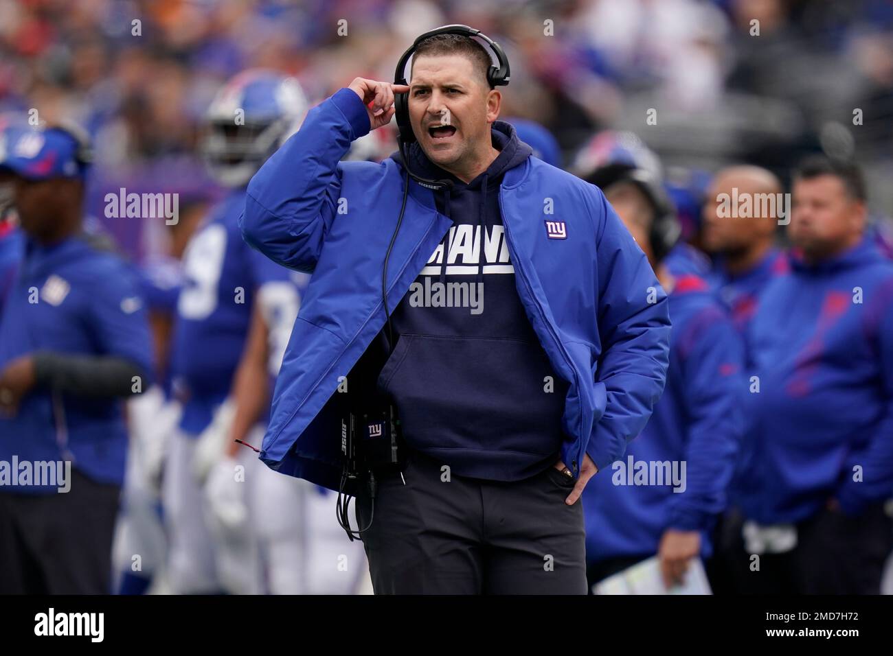 New York Giants head coach Joe Judge calls out to his players during ...