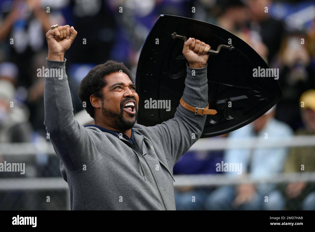 Former Baltimore Ravens player Jonathan Ogden reacts on the field prior ...