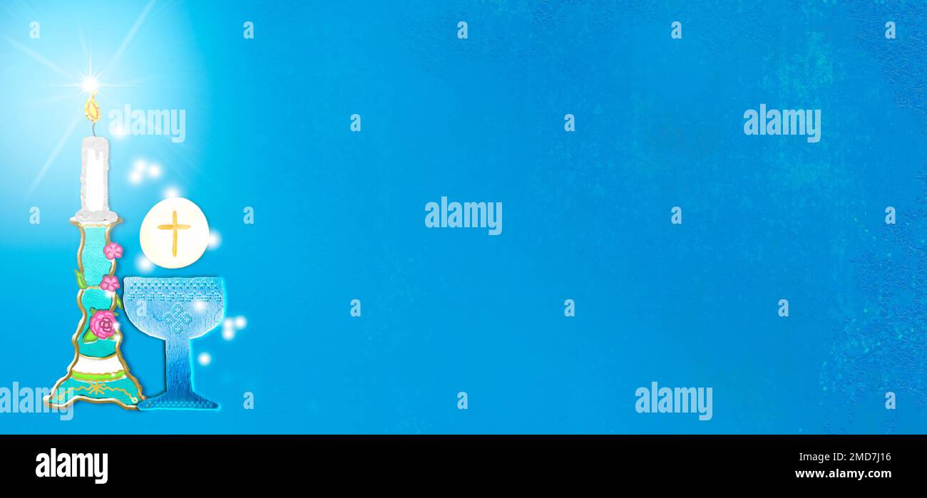 First holy communion invitation card. Chalice, host and candle light on ...