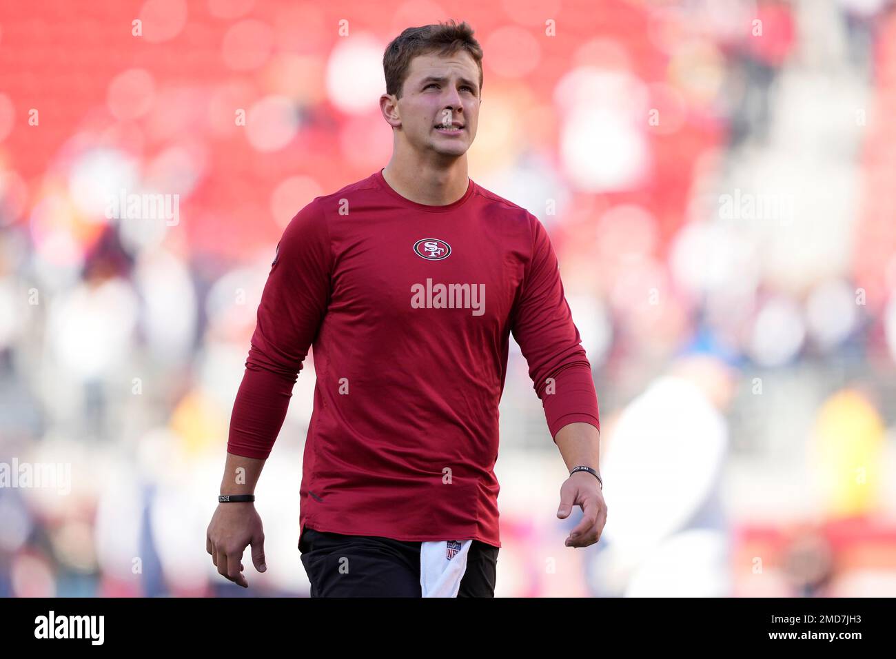 San Francisco 49ers quarterback Brock Purdy warms up before an NFL ...