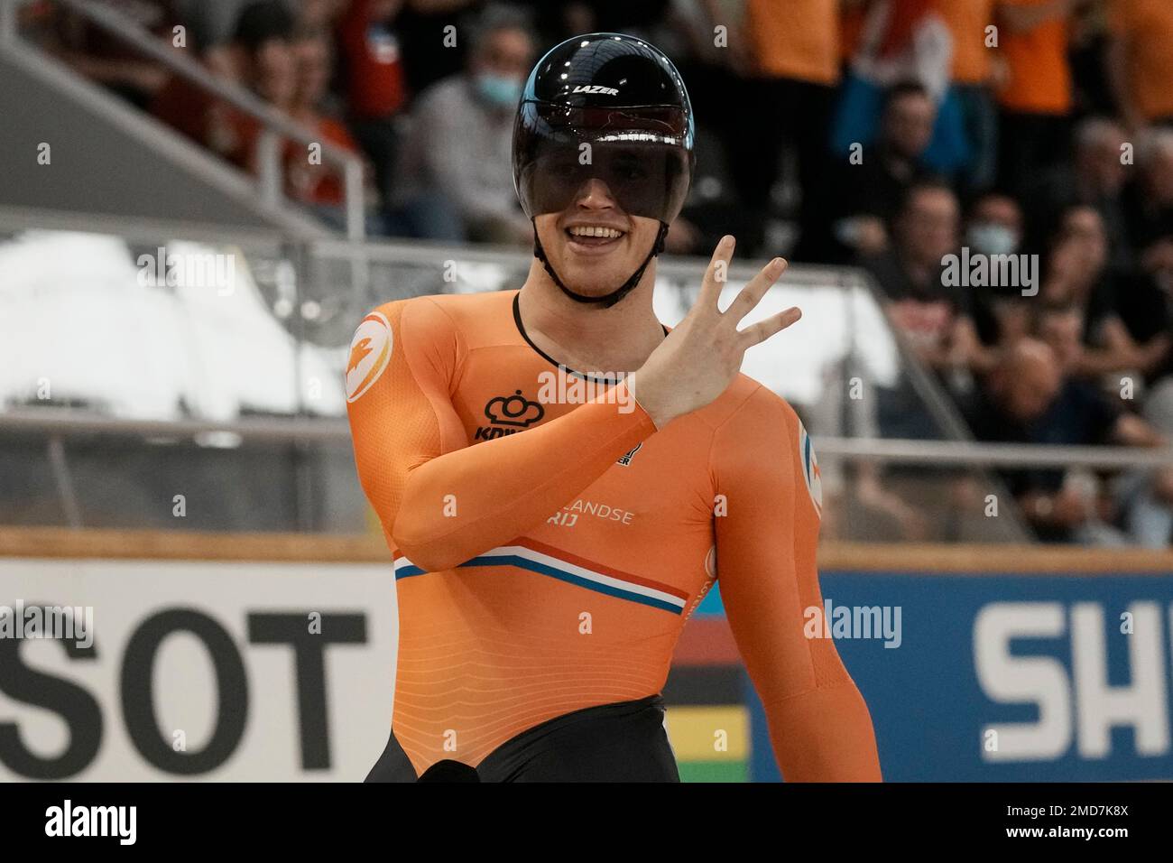 Harrie Lavreysen of Netherlands celebrates to win the gold medal in the ...