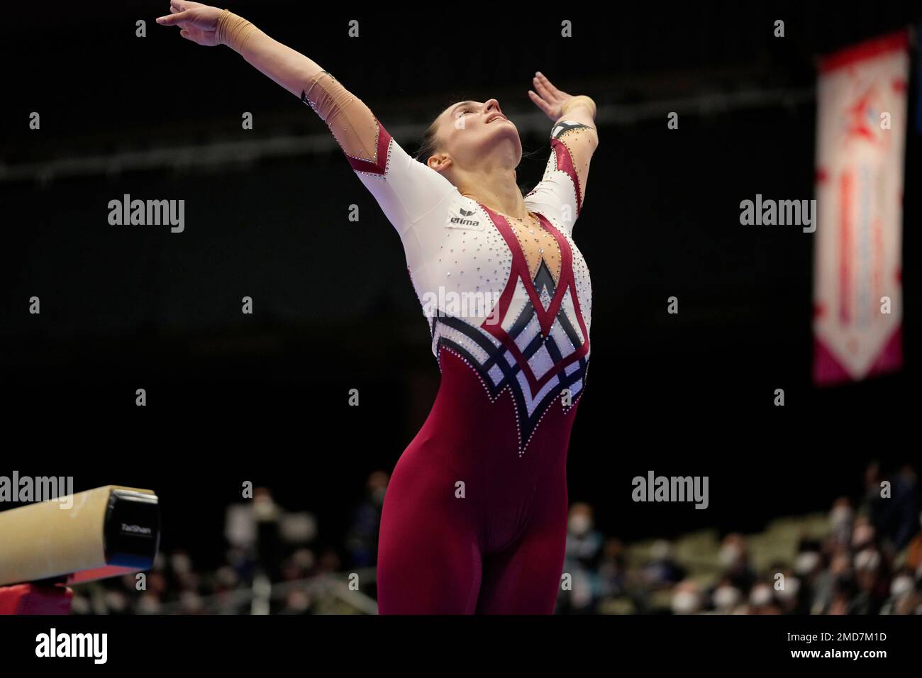Pauline Schaefer-Betz, of Germany, poses as she finishes the balance ...