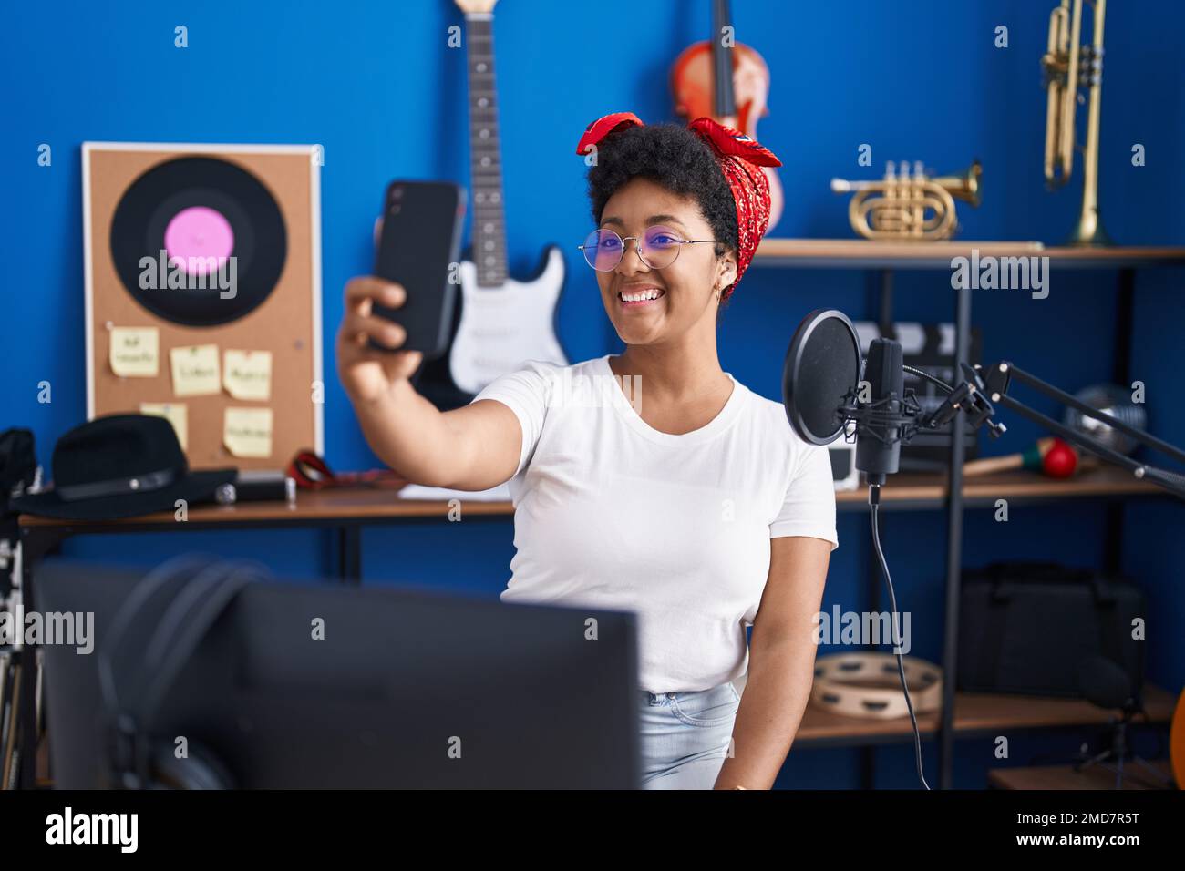 African american woman musician smiling confident make selfie by ...