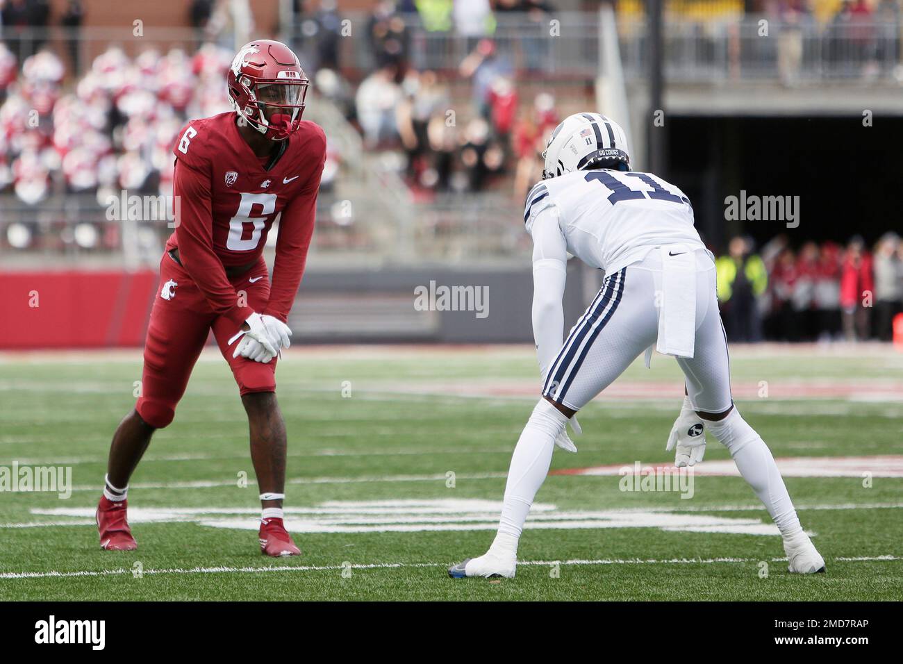 Washington State wide receiver Donovan Ollie (6) lines up opposite BYU ...