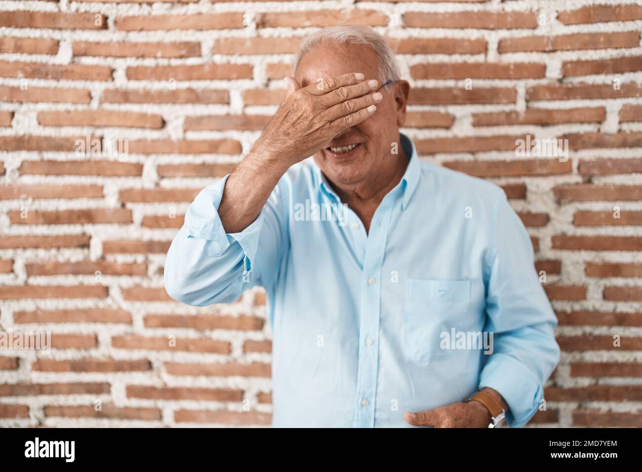 Senior man with grey hair standing over bricks wall smiling and ...