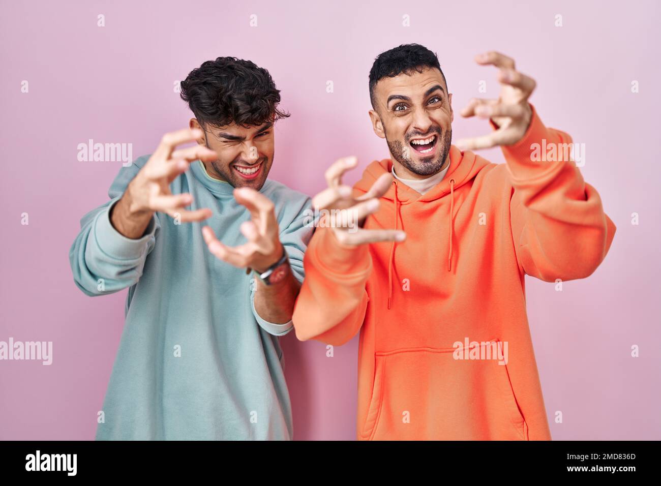 Young hispanic gay couple standing over pink background shouting ...