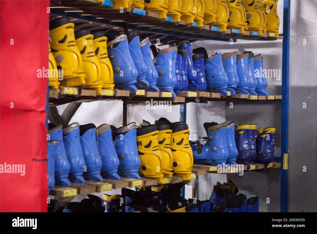 Ice skates of different sizes stored on shelves. Temporary skating ...