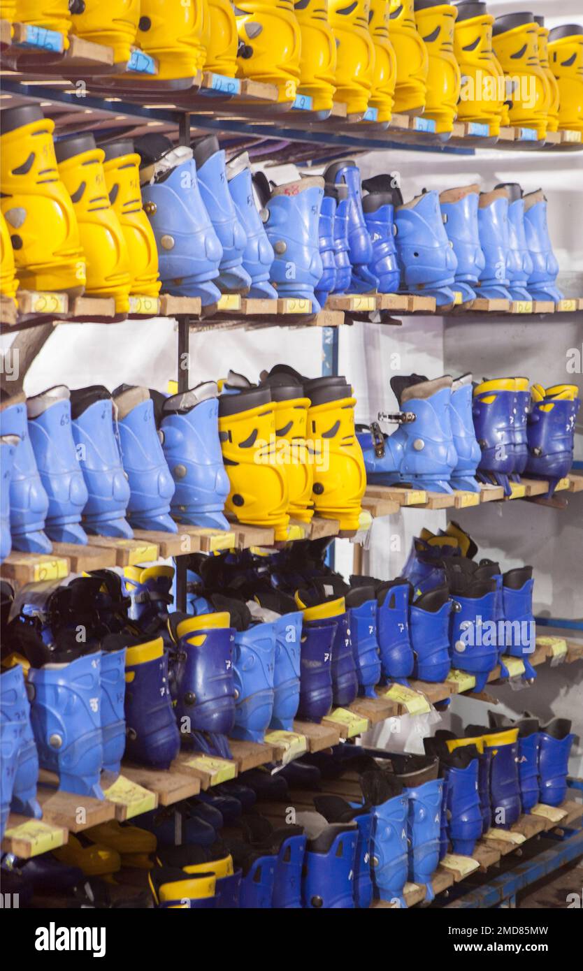 Ice skates of different sizes stored on shelves. Temporary skating ...
