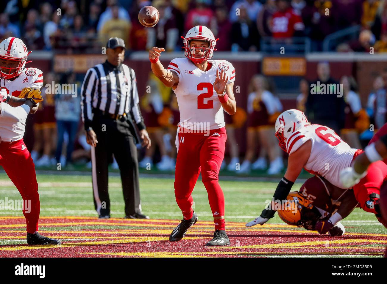 Nebraska quarterback Adrian Martinez (2) passes against Minnesota in an ...