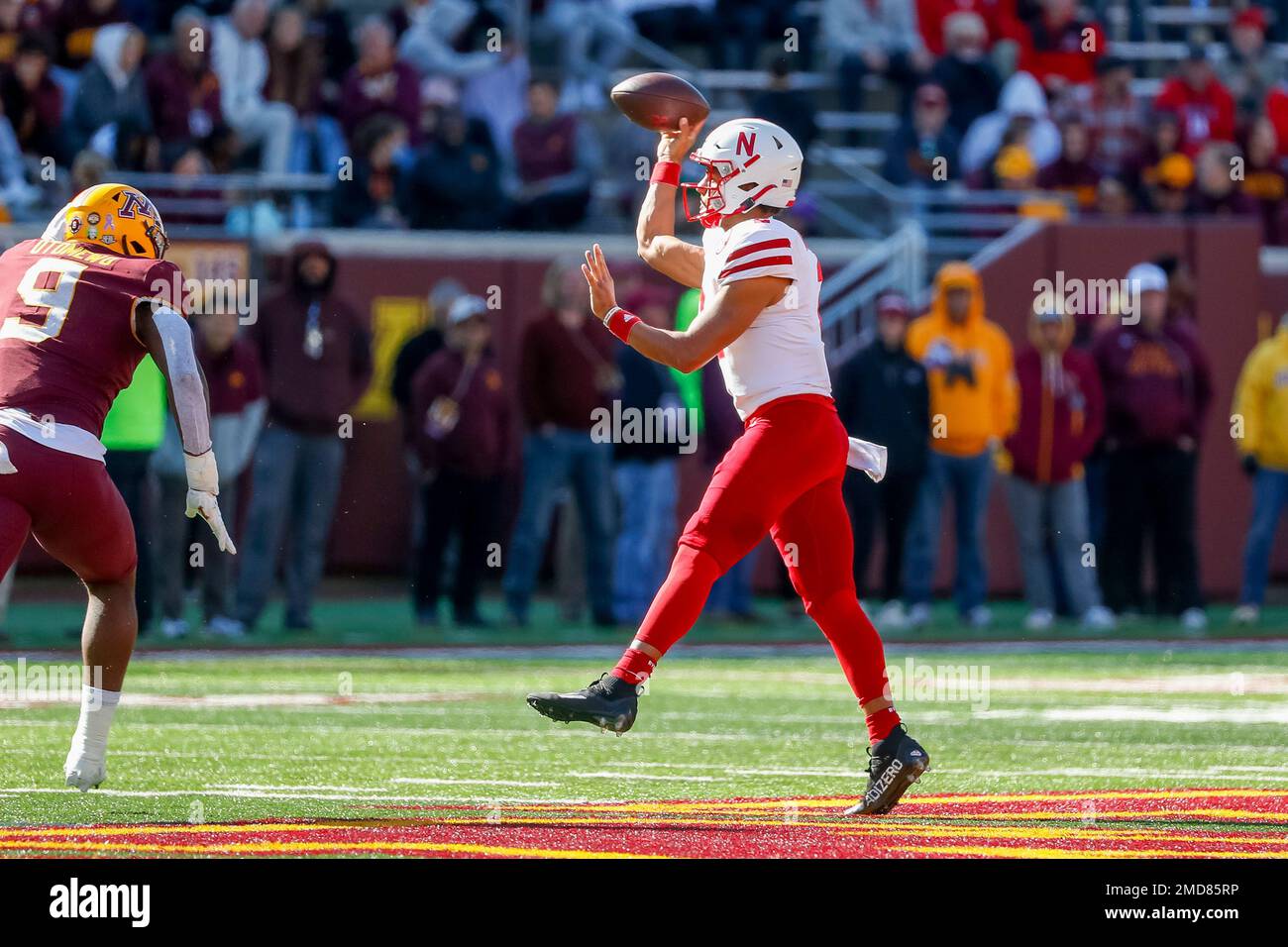 Nebraska quarterback Adrian Martinez (2) passes against Minnesota in an ...
