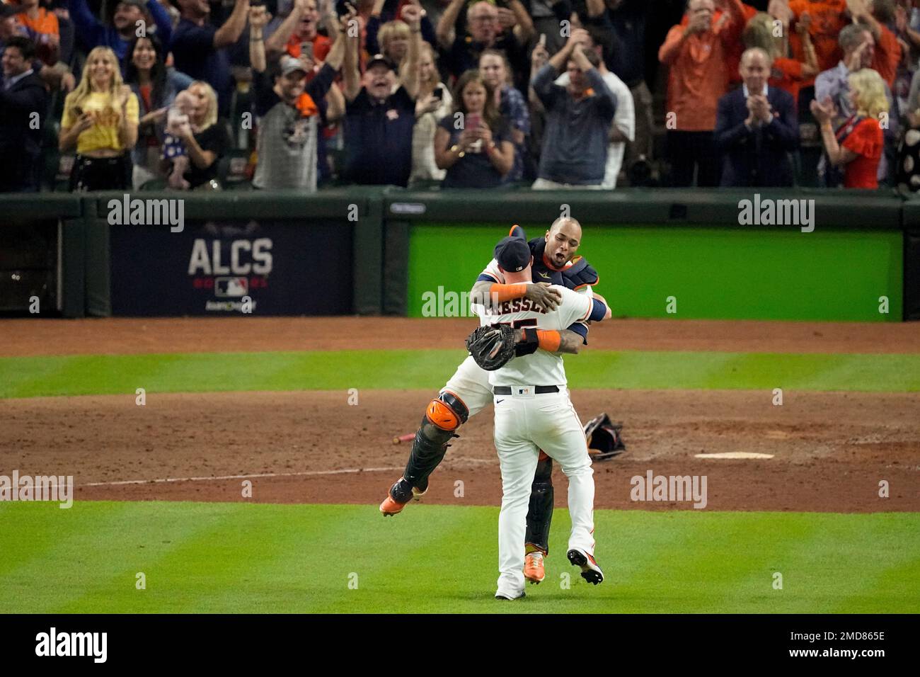 Houston Astros catcher Martin Maldonado and relief pitcher Ryan Pressly ...