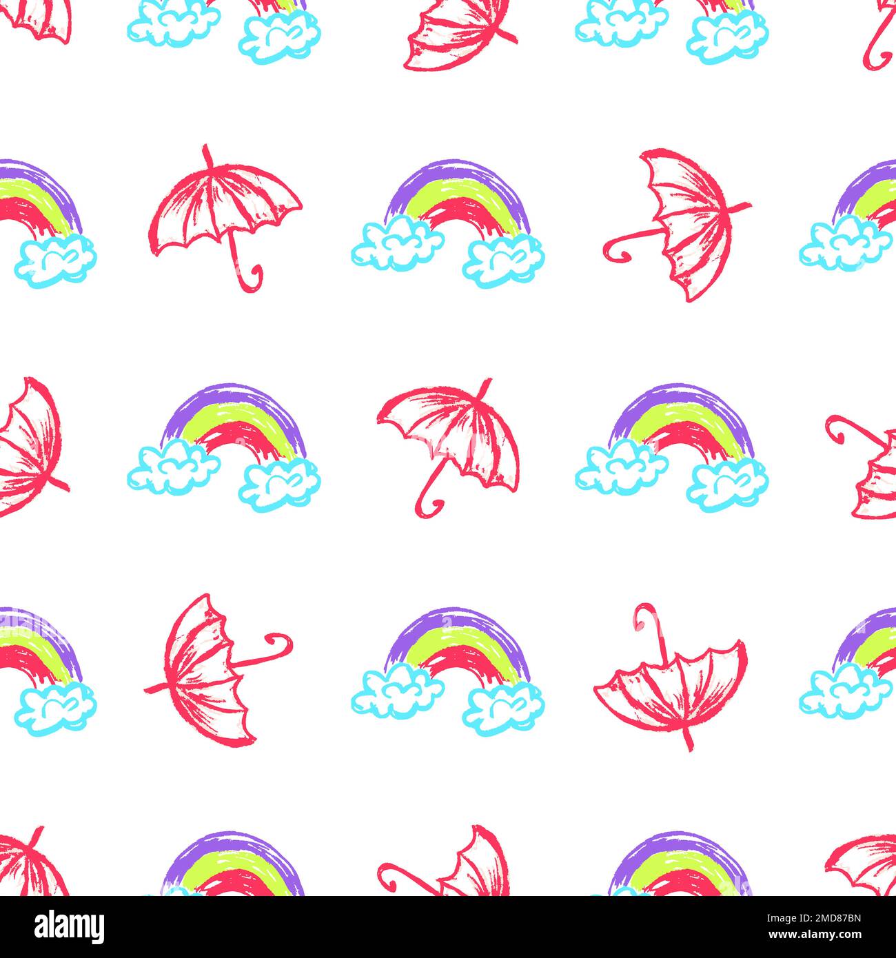 Umbrellas seamless pattern. Children's drawings with wax crayons ...