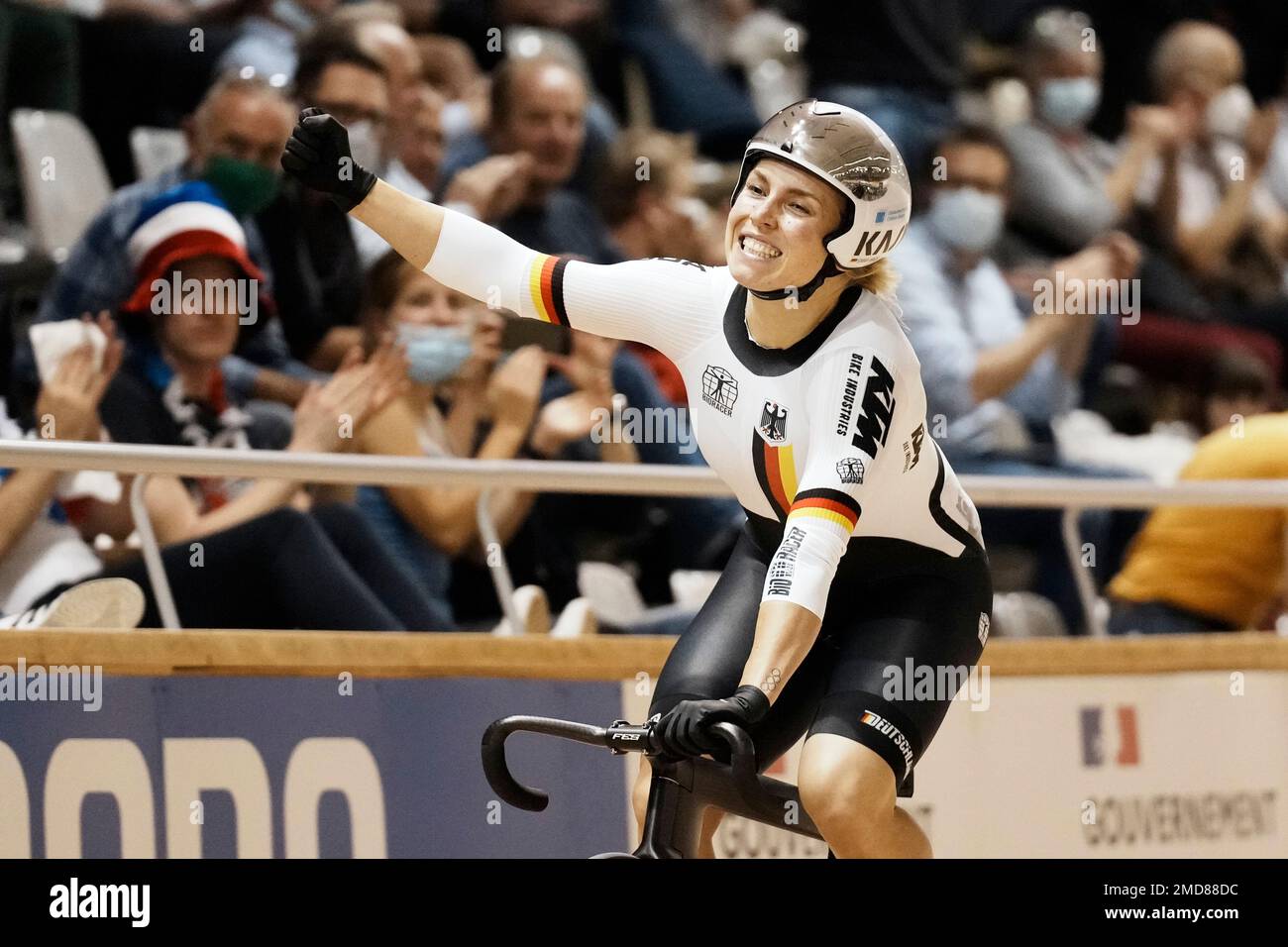Emma Hinze of Germany celebrates winning the women's sprint race at the ...