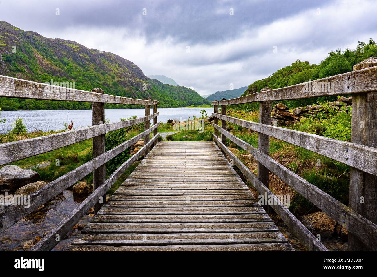 Wooden boardwalk at the side of a lake in North Wales Stock Photo - Alamy