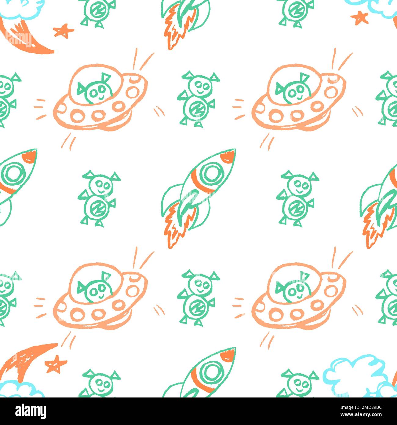 Space seamless pattern. Children's drawings with wax crayons. Rockets, ufo, galaxy. Print for ...