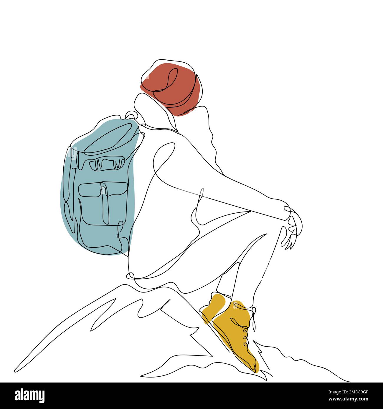 TRAvel girl in hat sitting on cliff mountain hiking with backpack ...