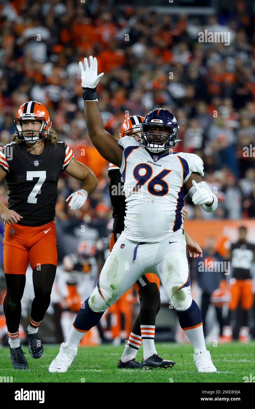 Denver Broncos defensive end Shelby Harris (96) reacts after a blocked ...