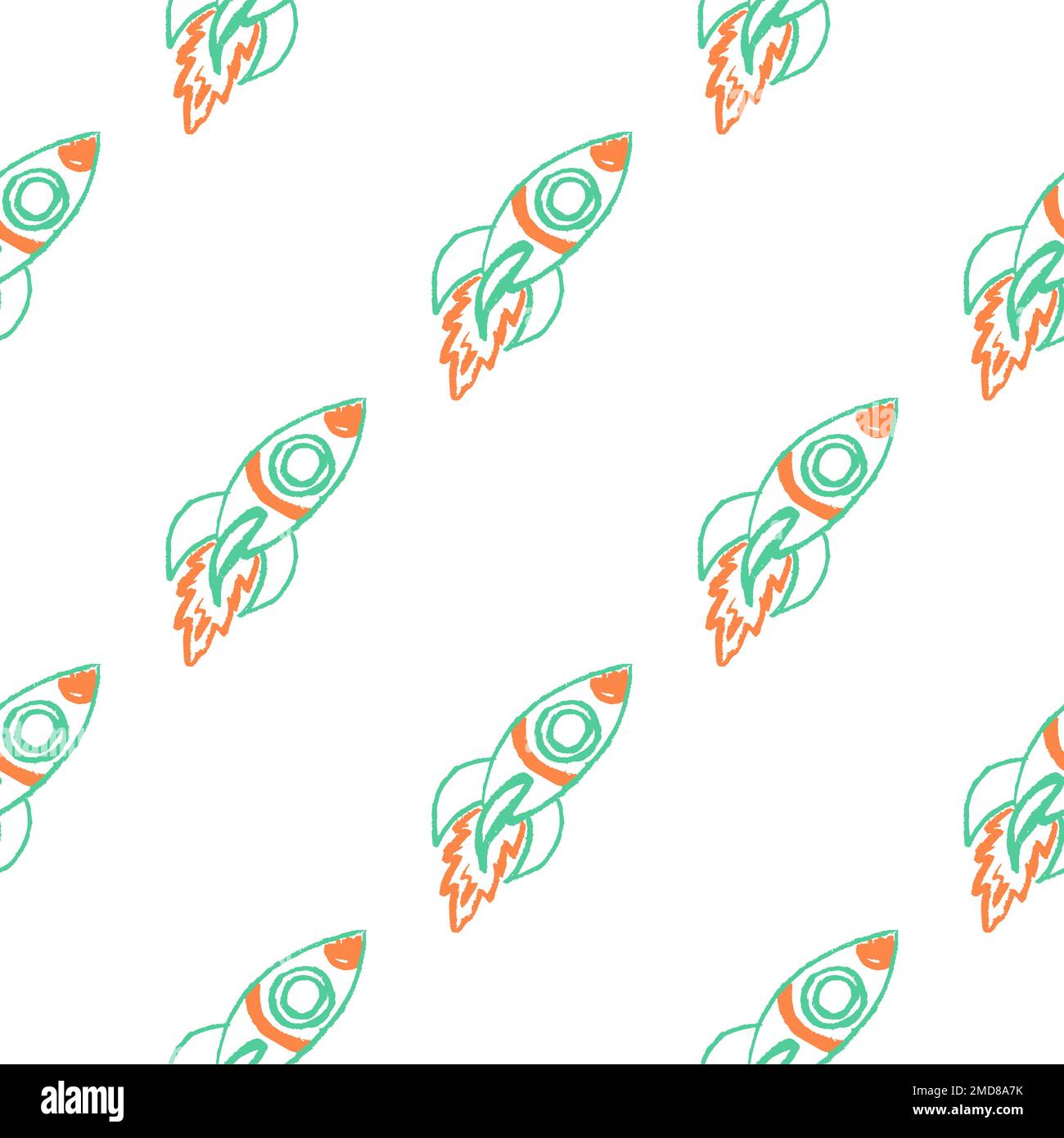 Space seamless pattern. Children's drawings with wax crayons. Rockets ...