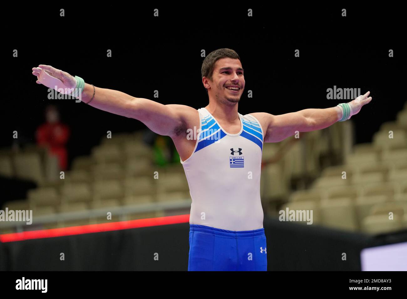 Nikolaos Iliopoulos, of Greece, reacts as he finishes the rings during ...