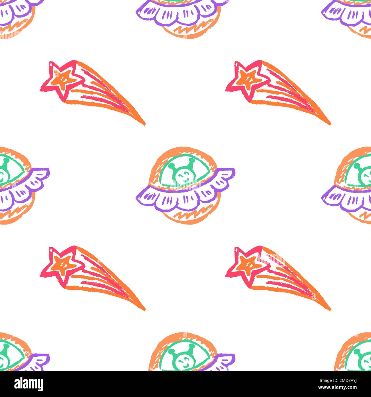 Space seamless pattern. Children's drawings with wax crayons. Space ...