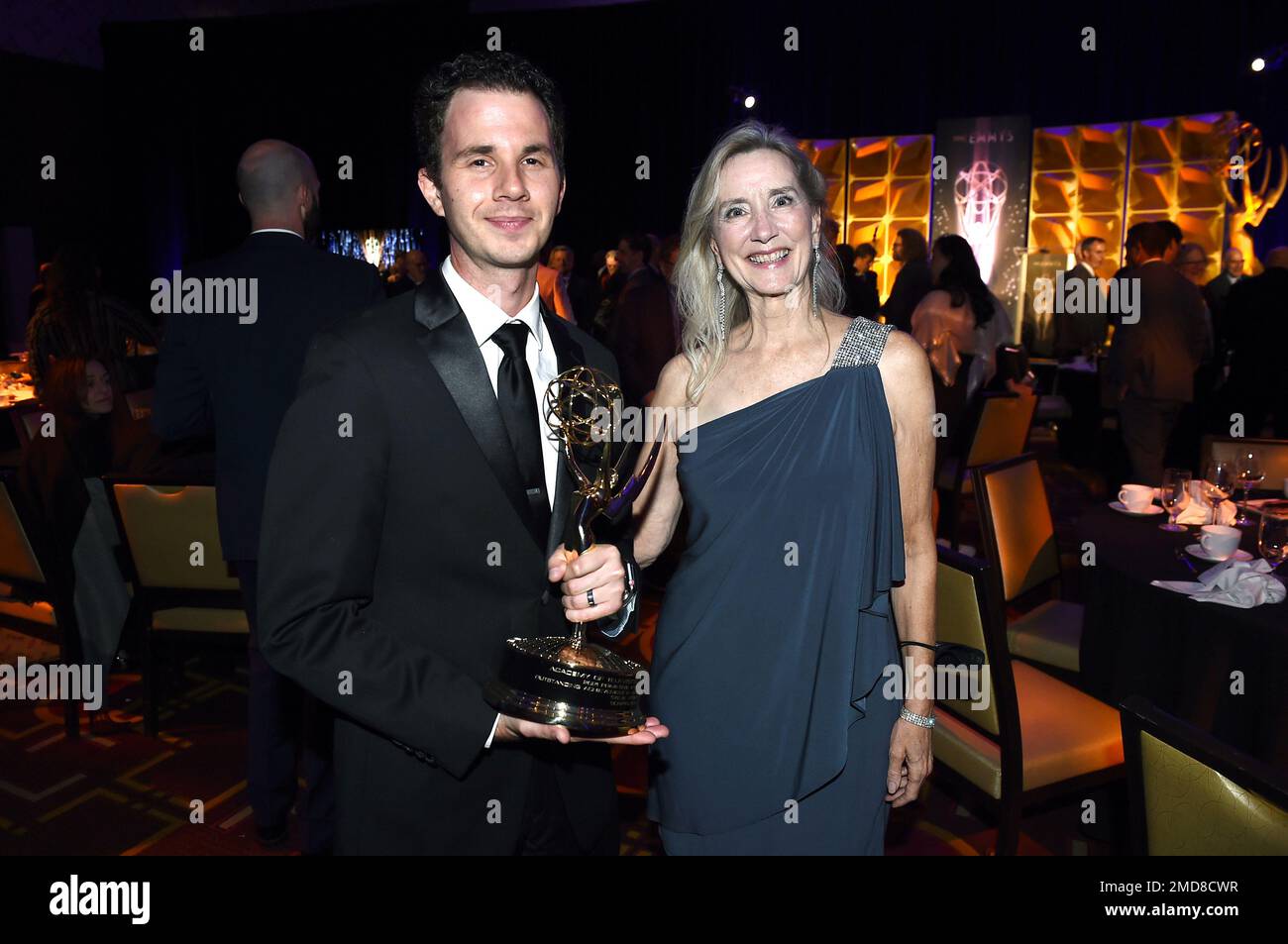 Winner of the Engineering Emmy, Steve Vitolo, of Scriptation, left, and Wendy Aylsworth at the ...