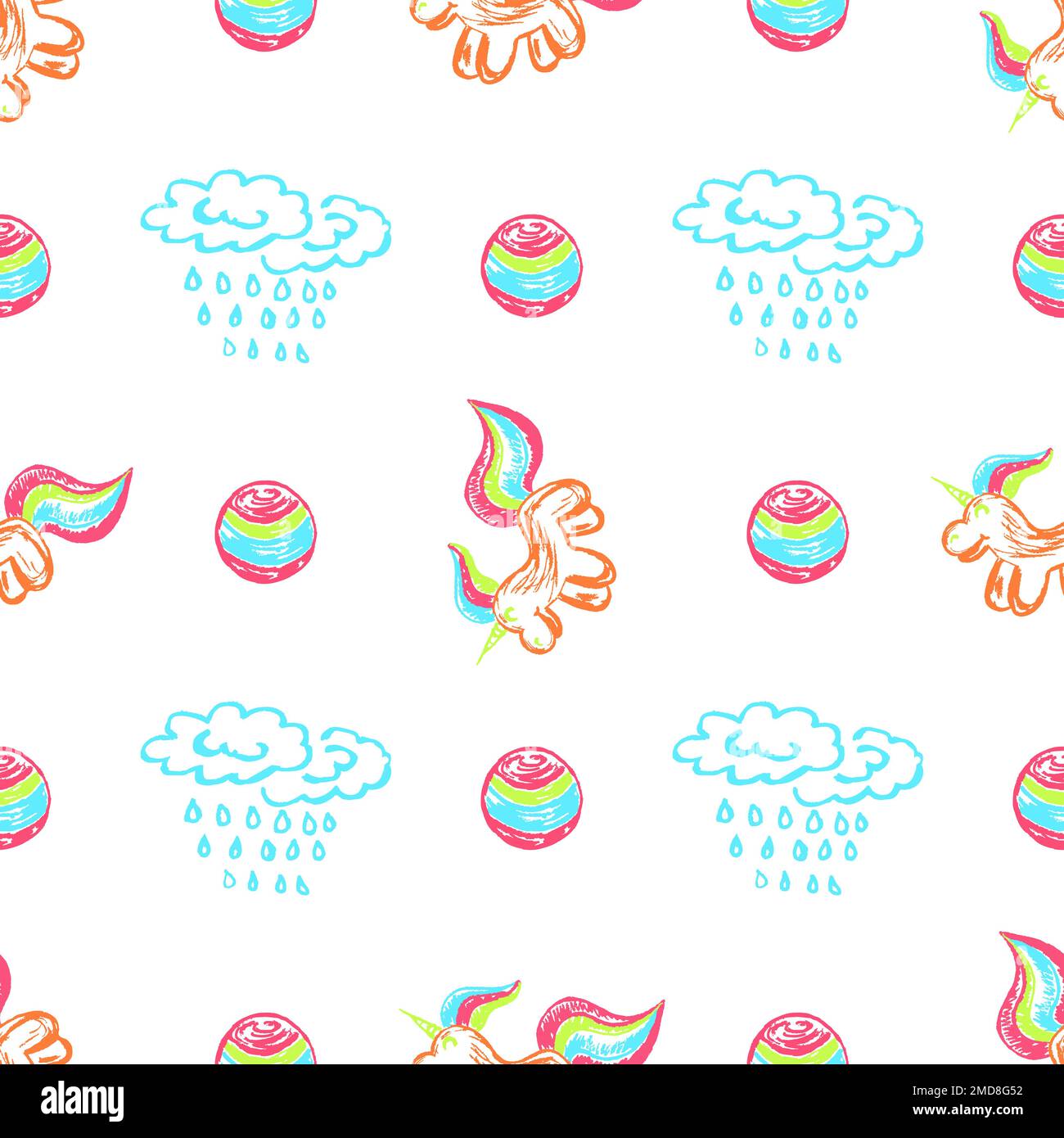 Magic seamless pattern. Unicorns. Children's drawings with wax crayons ...