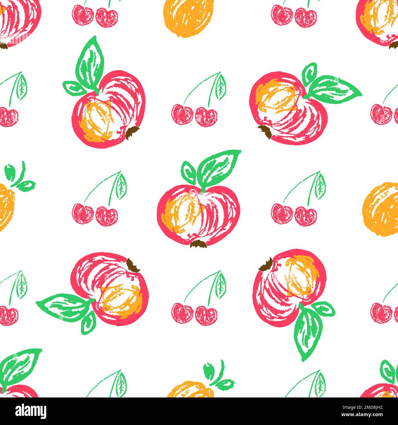 Fruit seamless pattern. Children's drawings with wax crayons. Apples ...