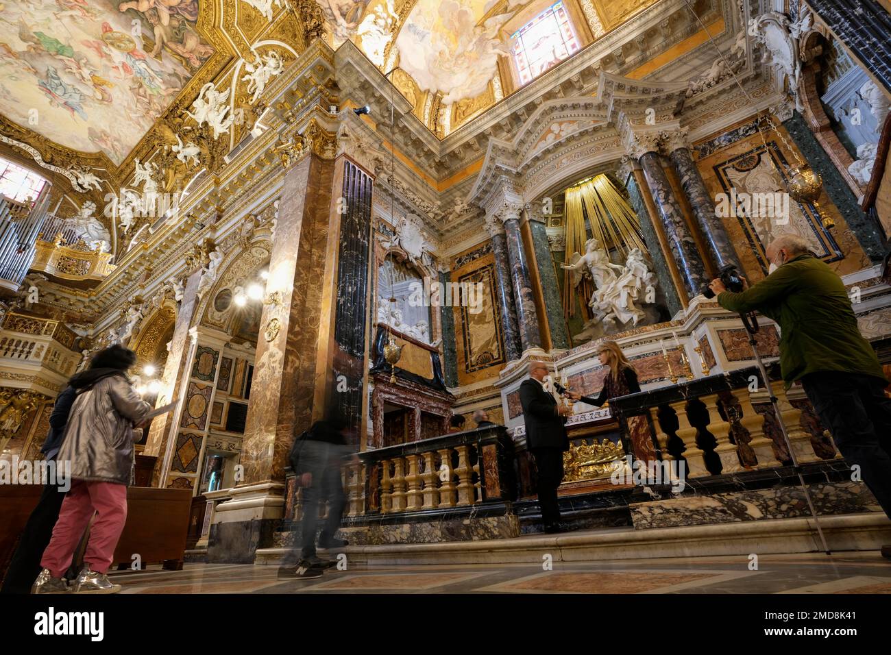 Reporters attend the presentation of the restoration of the Cornaro ...