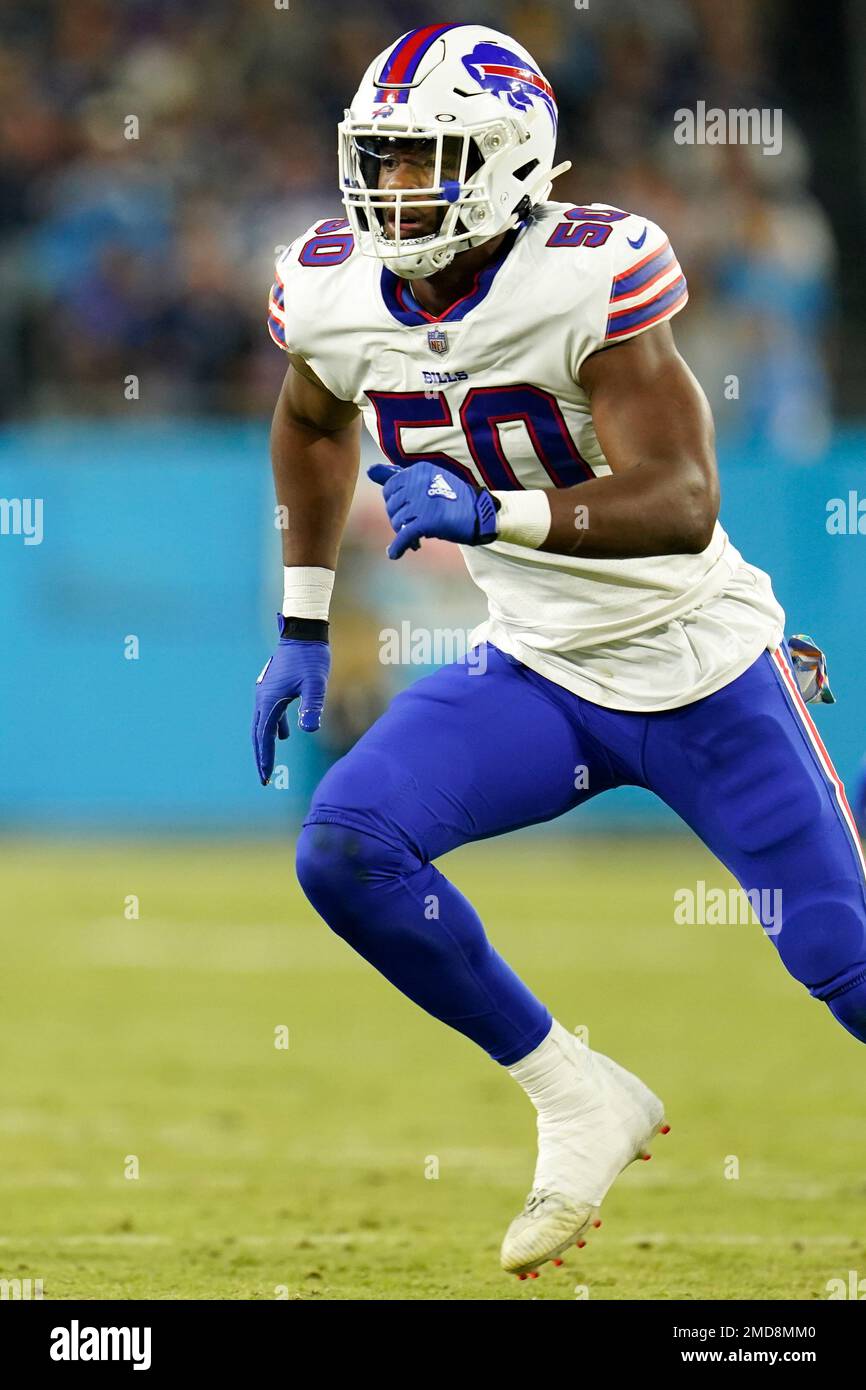 Buffalo Bills defensive end Greg Rousseau (50) rushes during a Monday ...