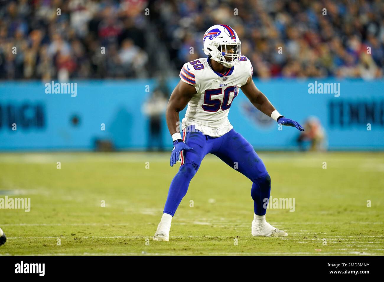 Buffalo Bills defensive end Greg Rousseau (50) looks to defend during a ...