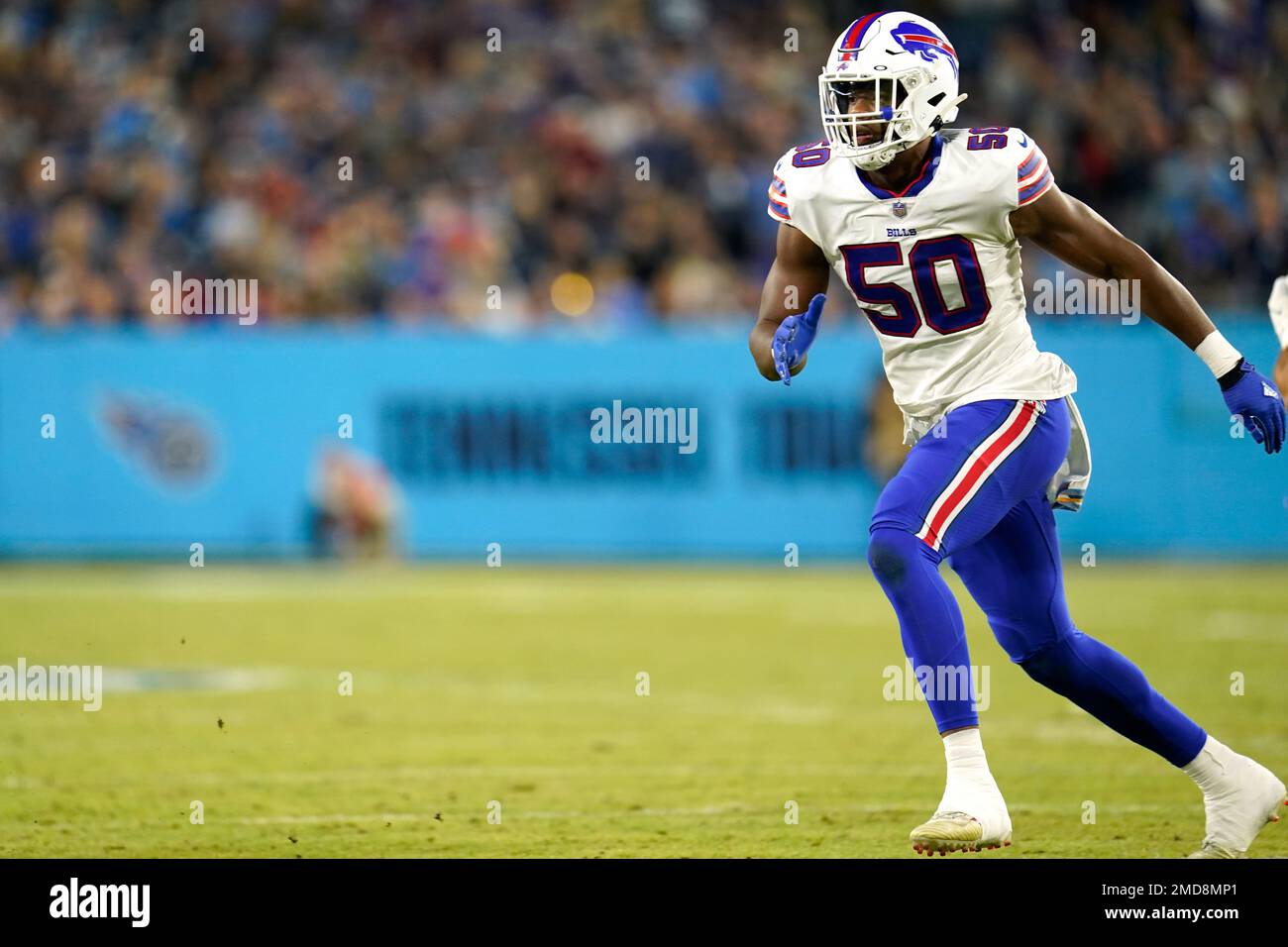 Buffalo Bills defensive end Greg Rousseau (50) rushes during a Monday ...