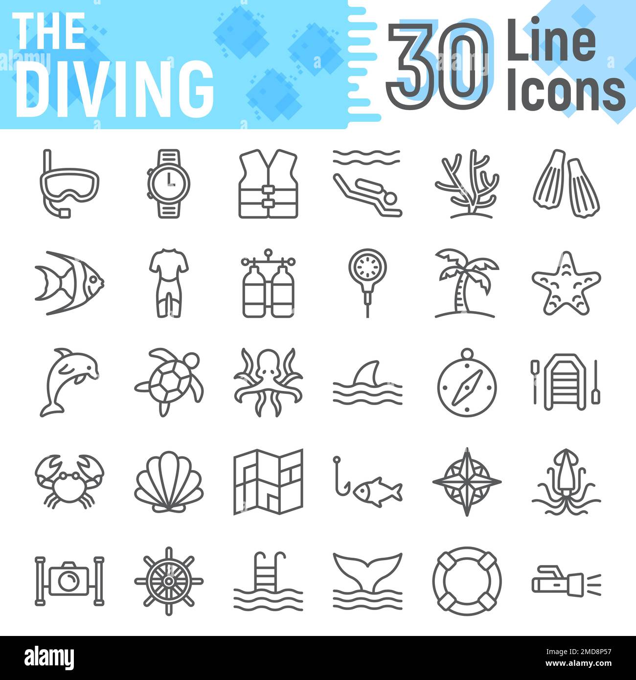 Scuba diving line icon set, underwater symbols collection, vector ...