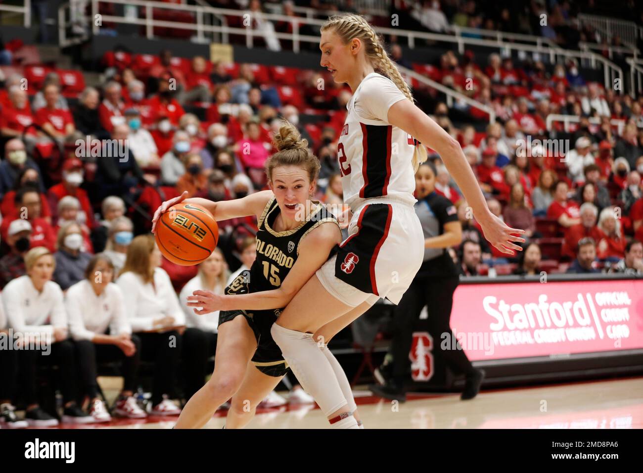 Colorado guard Kindyll Wetta (15) drives around Stanford forward ...